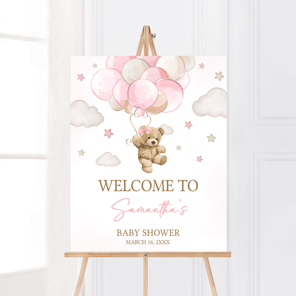 Pink Balloon Bear Baby Shower Welcome Poster Template – Cuddle Palette