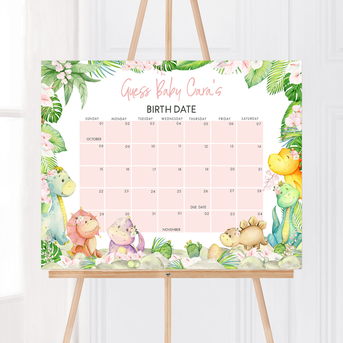 Editable Girl Dinosaur Baby Shower Due Date Calendar – Cuddle Palette