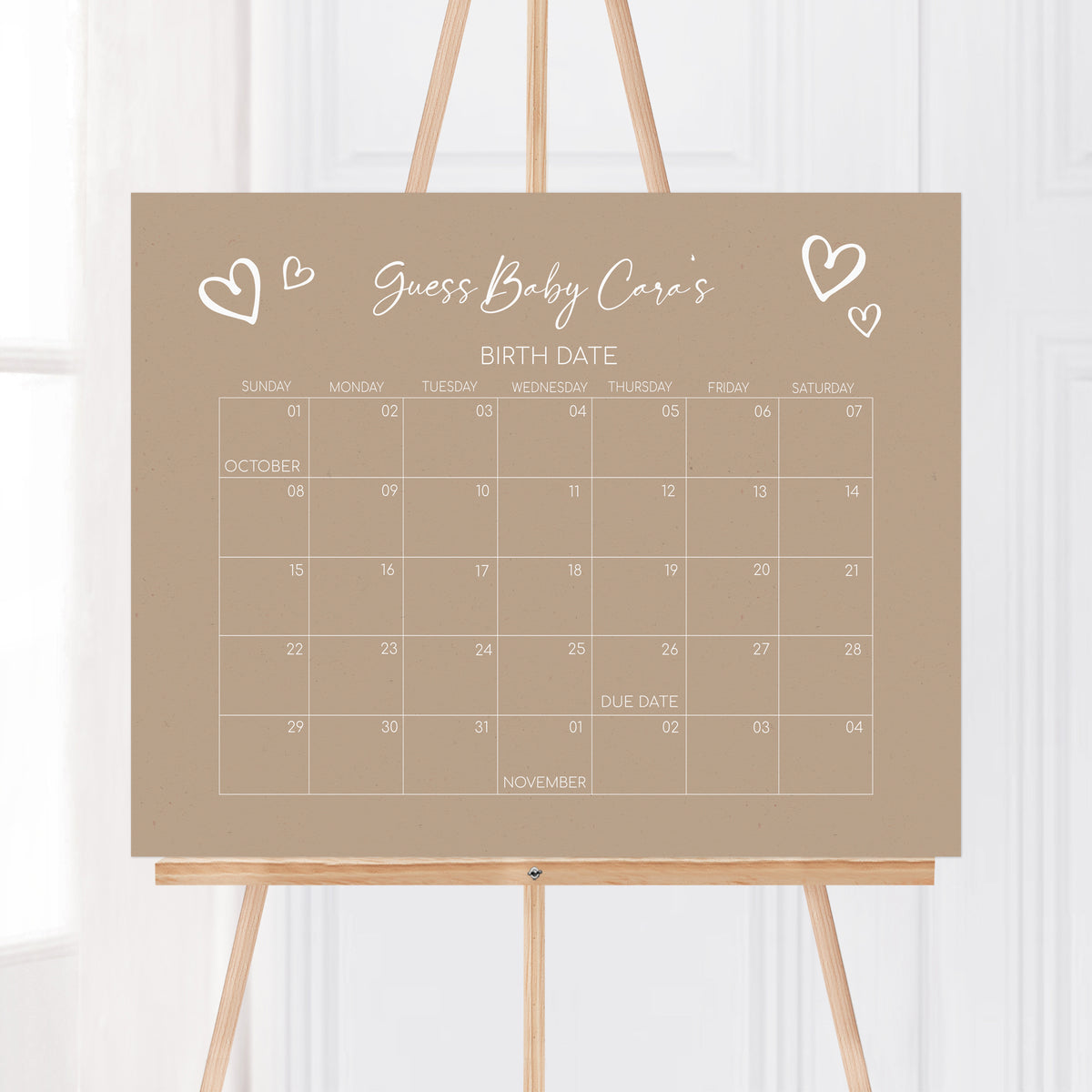 Editable Brown Minimalist Oh Baby Shower Due Date Calendar – Cuddle Palette