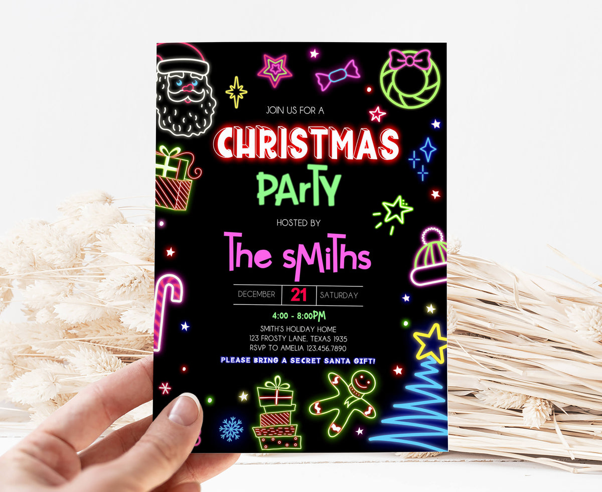 Editable Bright Neon Christmas Party Invitation – Cuddle Palette