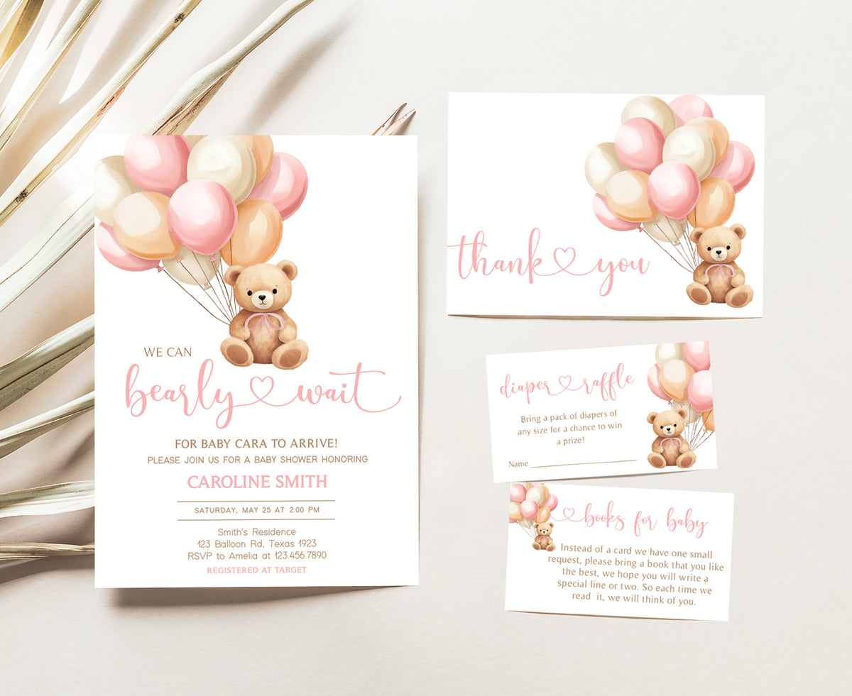 Printable Pink Bear Balloon Baby Shower Invitation Kit – Cuddle Palette
