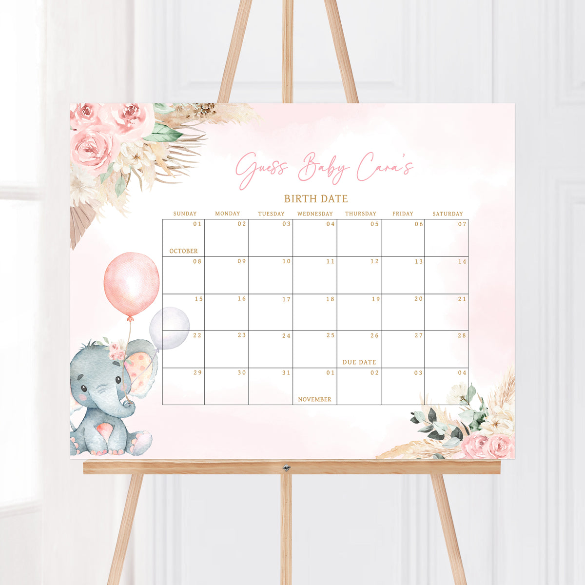 Editable Pink Boho Elephant Baby Shower Due Date Calendar – Cuddle Palette