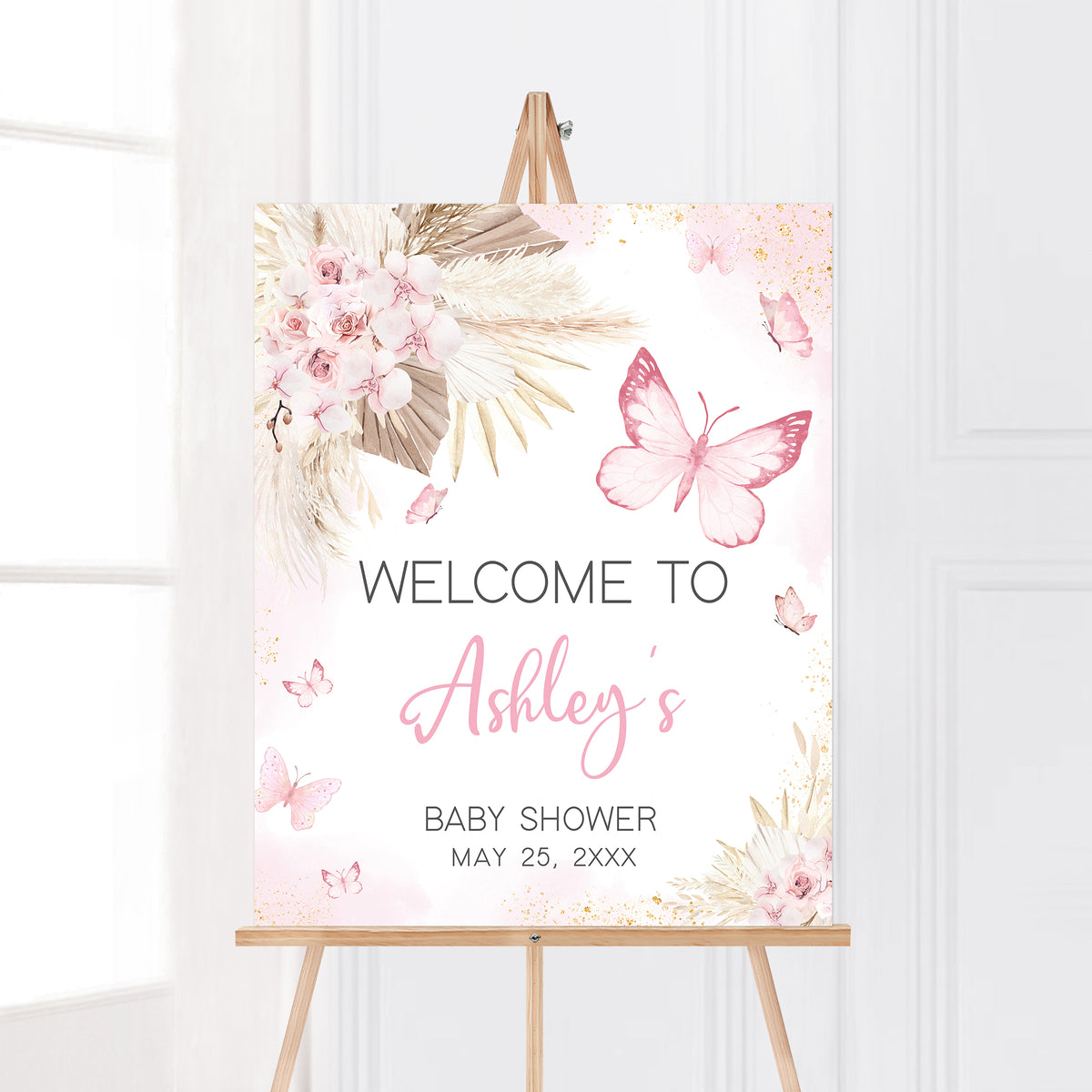 Editable Pink Boho Butterfly Baby Shower Welcome Sign – Cuddle Palette