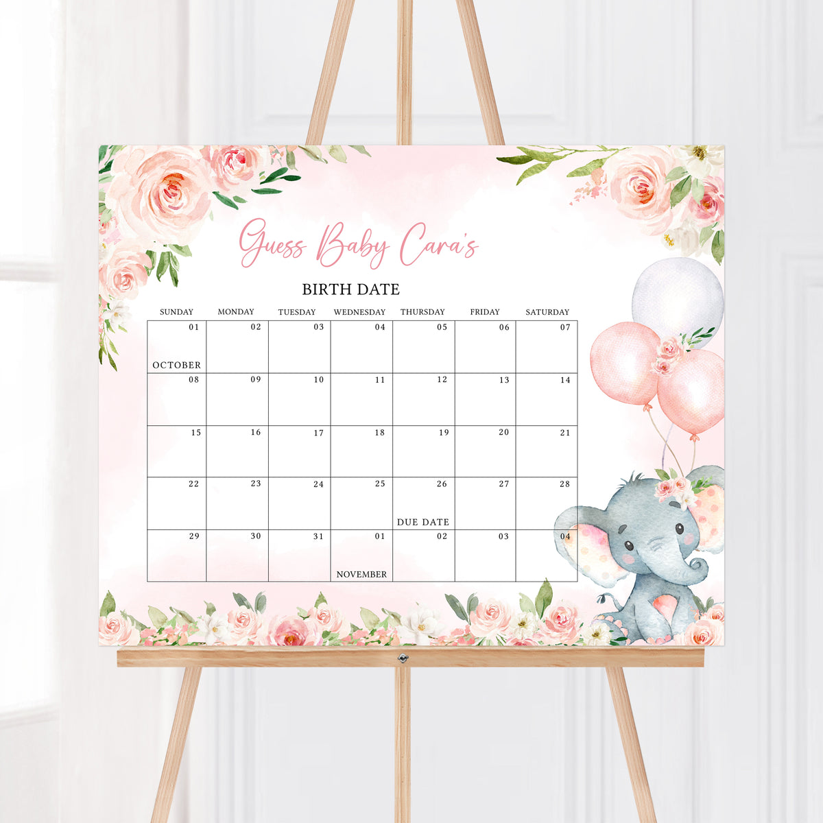 Editable Floral Elephant Baby Shower Due Date Calendar – Cuddle Palette