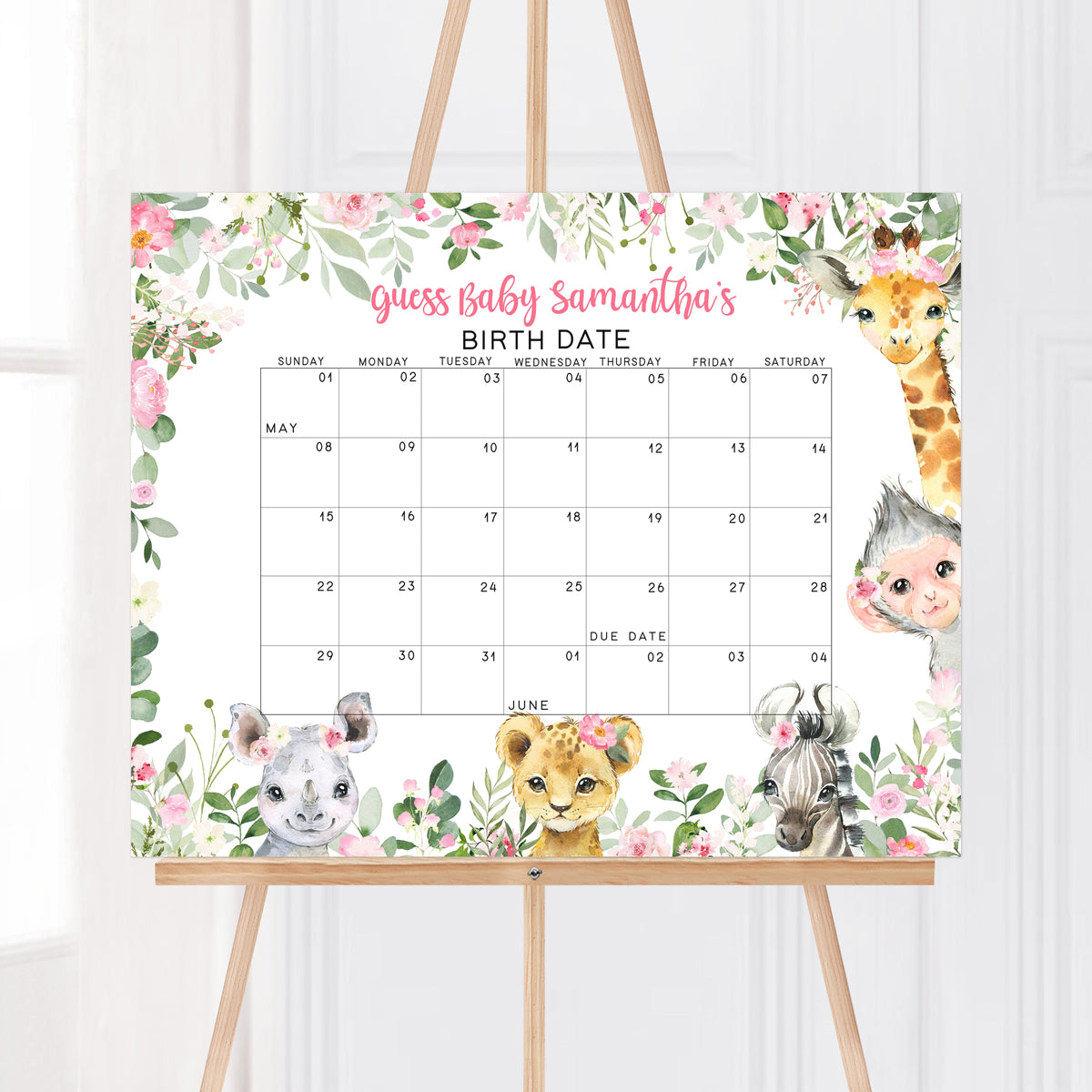 Editable Girl Safari Baby Shower Due Date Calendar – Cuddle Palette