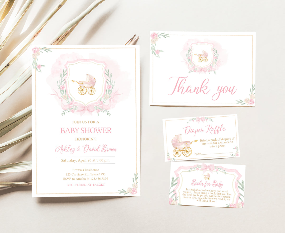 Editable Watercolor Crest Baby Shower Invitation Set – Cuddle Palette