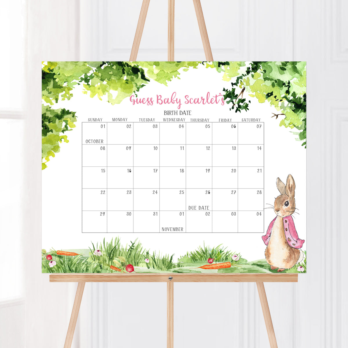 Editable Pink Peter Rabbit Baby Shower Due Date Calendar – Cuddle Palette