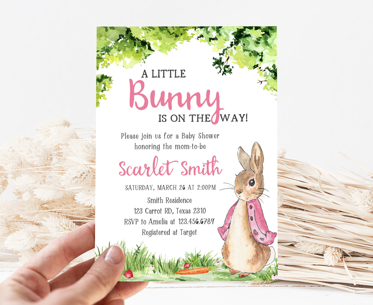 Editable Pink Peter Rabbit Baby Shower Invitation – Cuddle Palette