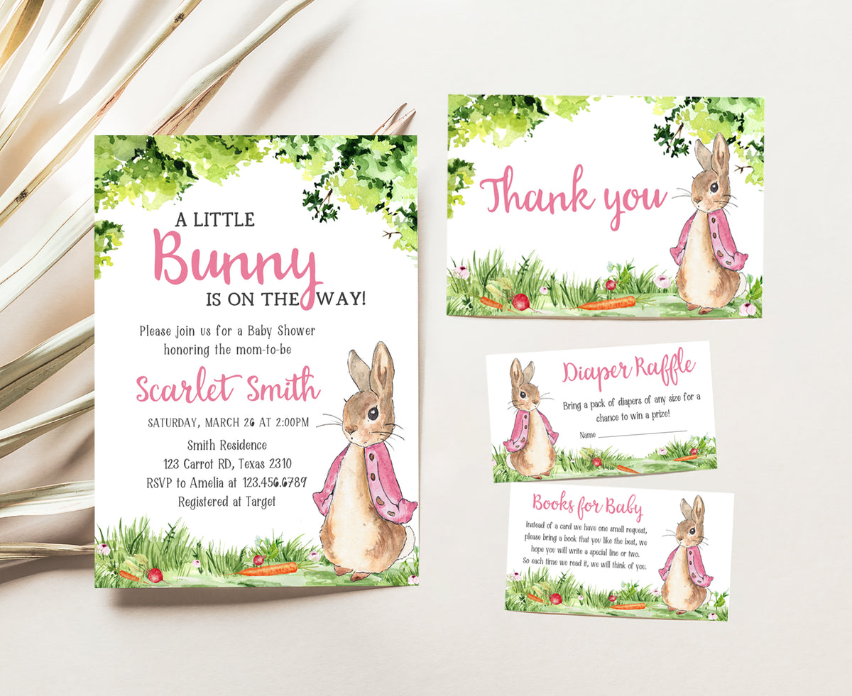 Editable Pink Peter Rabbit Baby Shower Invitation Set – Cuddle Palette