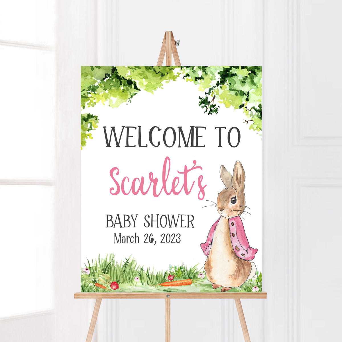 Editable Pink Peter Rabbit Baby Shower Welcome Sign – Cuddle Palette