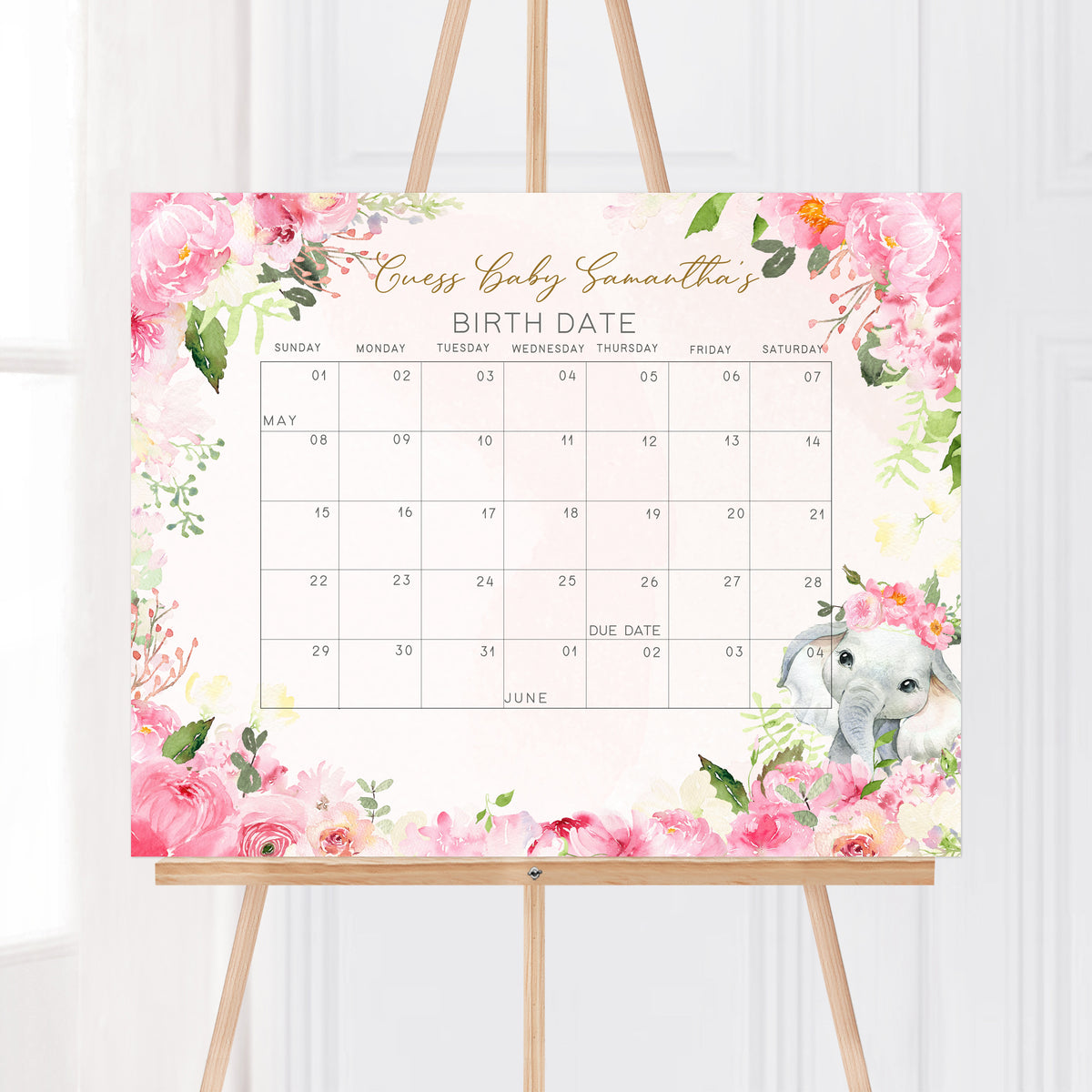 Editable Pink Elephant Baby Shower Due Date Calendar – Cuddle Palette