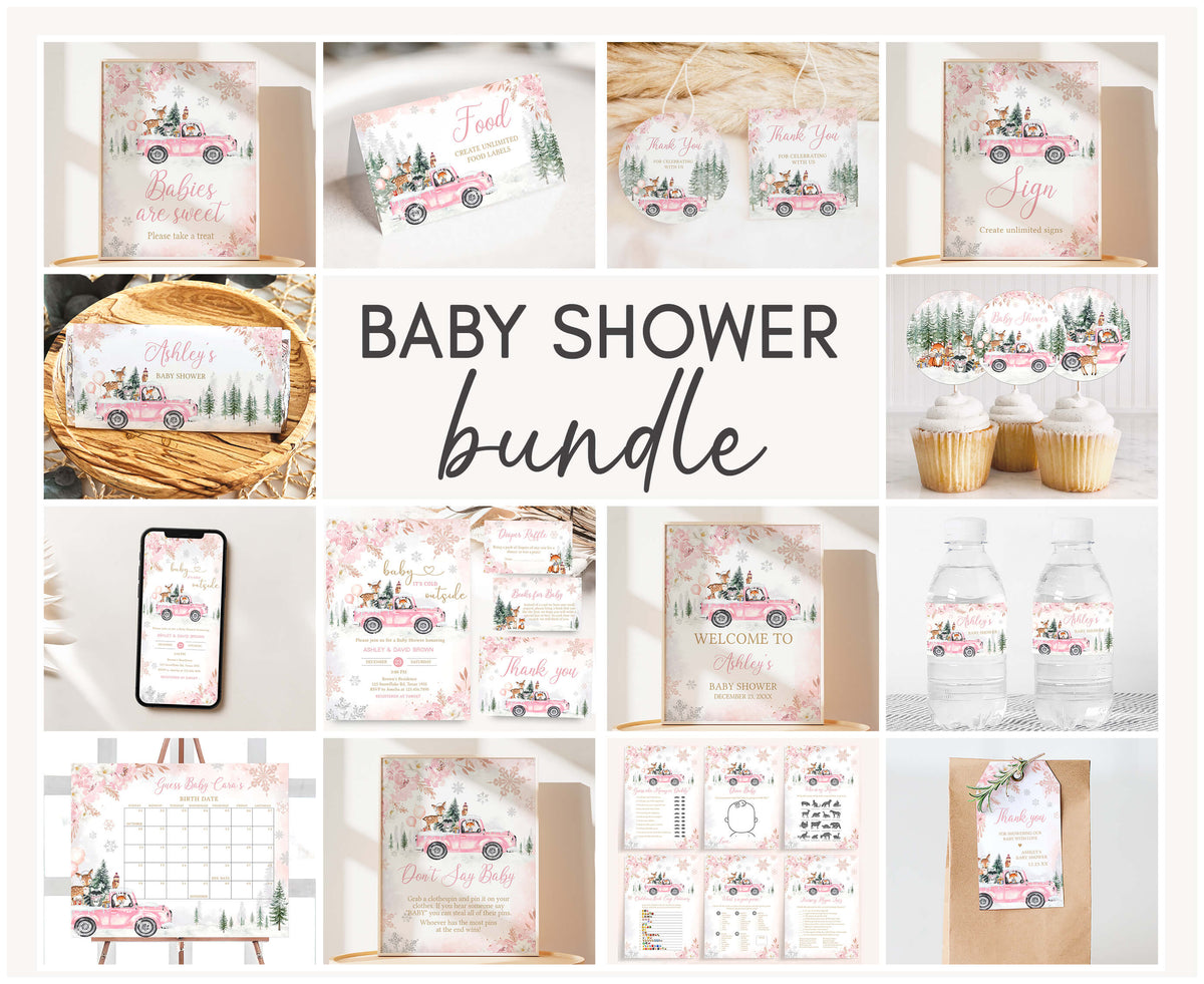 Editable Pink Winter Woodland Baby Shower Bundle – Cuddle Palette