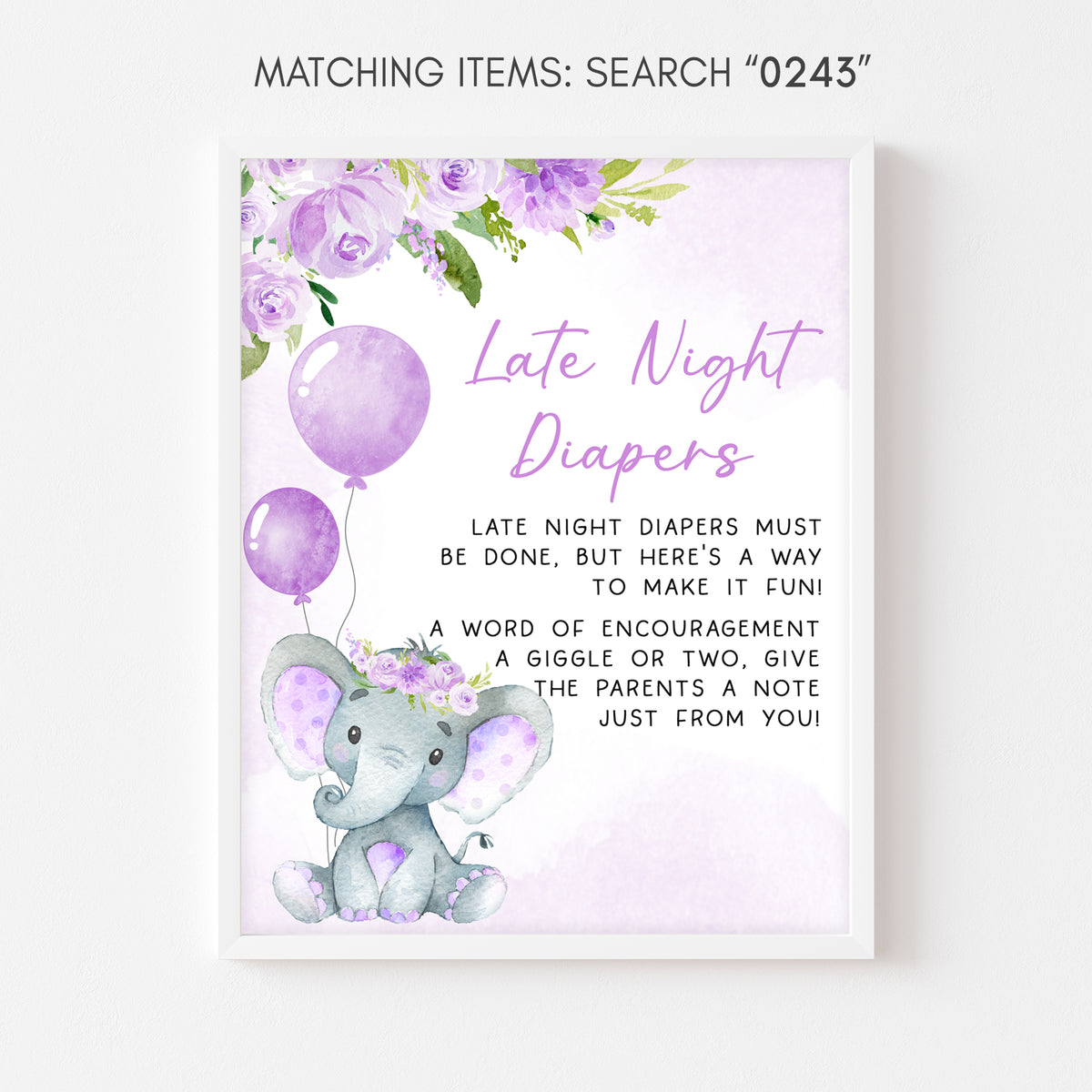 Purple Girl Elephant Baby Shower Decorations Late Night Diapers Sign ...