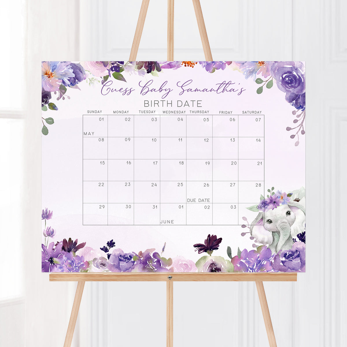 Editable Purple Elephant Baby Shower Due Date Calendar – Cuddle Palette