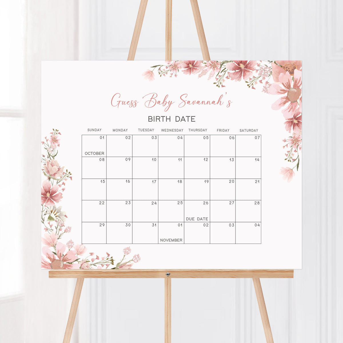 Editable Rustic Pink Flowers Baby Shower Due Date Calendar – Cuddle Palette