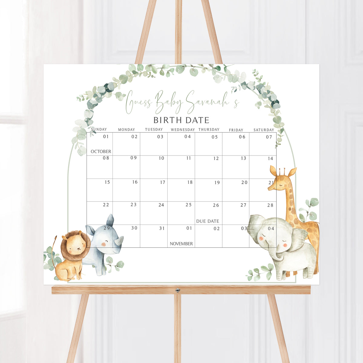 Editable Safari Baby Shower Due Date Calendar – Cuddle Palette