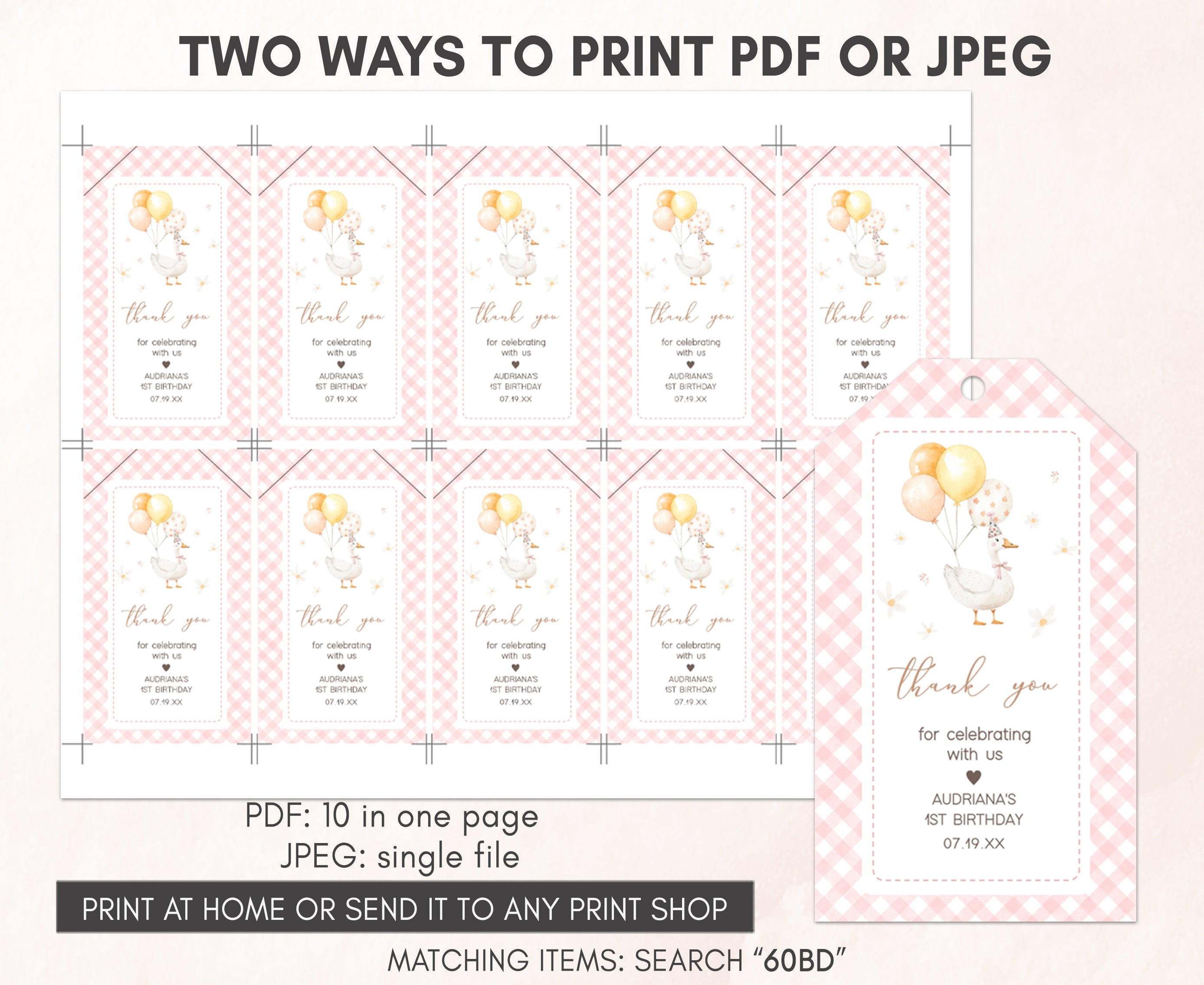 Editable Pink Goose Birthday Party Favor Tag – Cuddle Palette