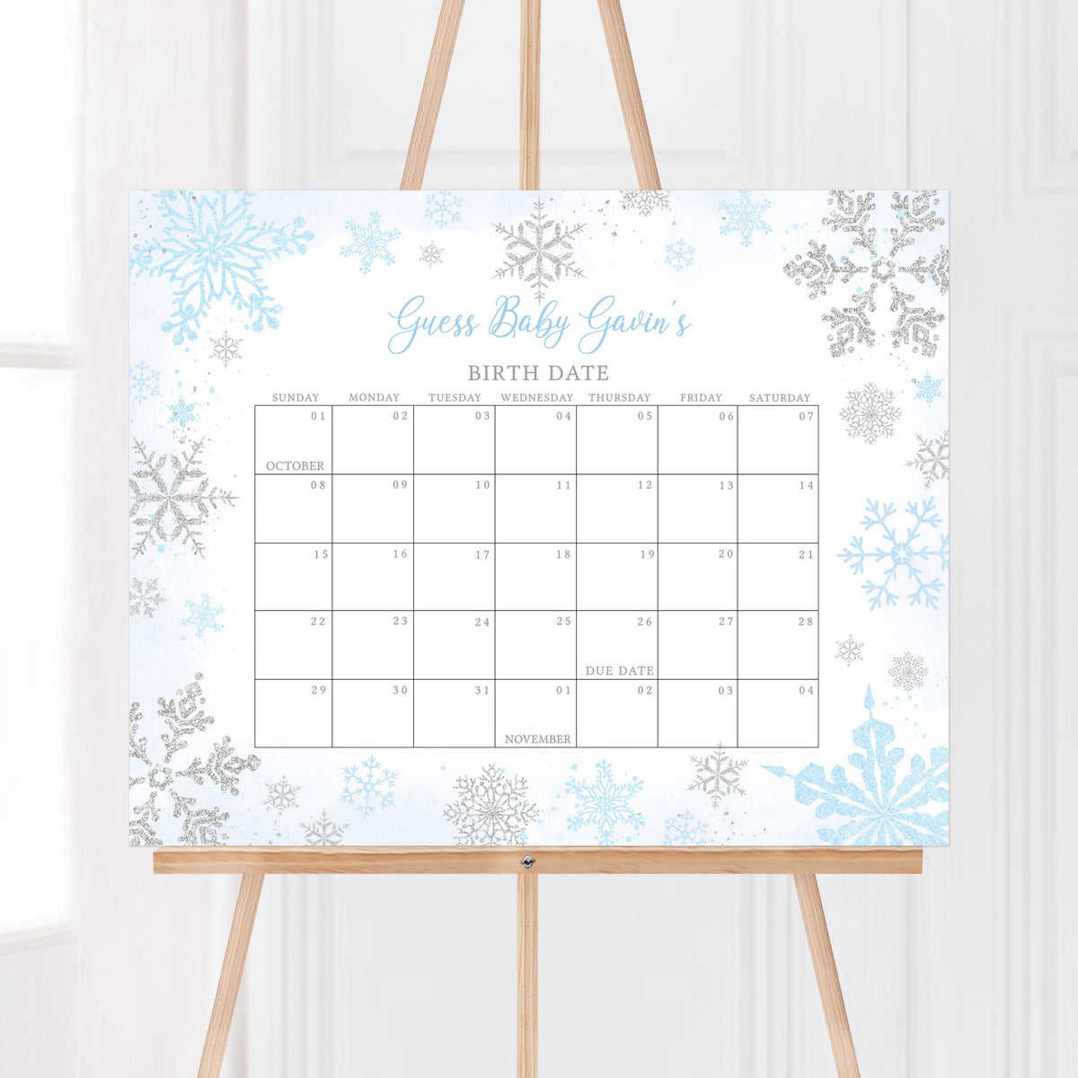 Editable Blue Snowflake Baby Shower Due Date Calendar – Cuddle Palette