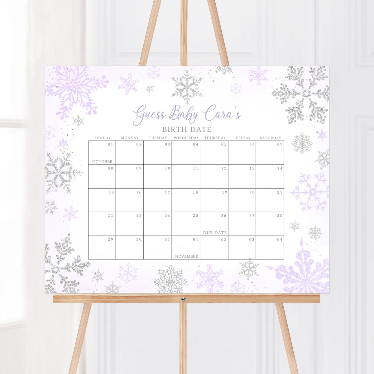 Editable Purple Snowflake Baby Shower Due Date Calendar – Cuddle Palette
