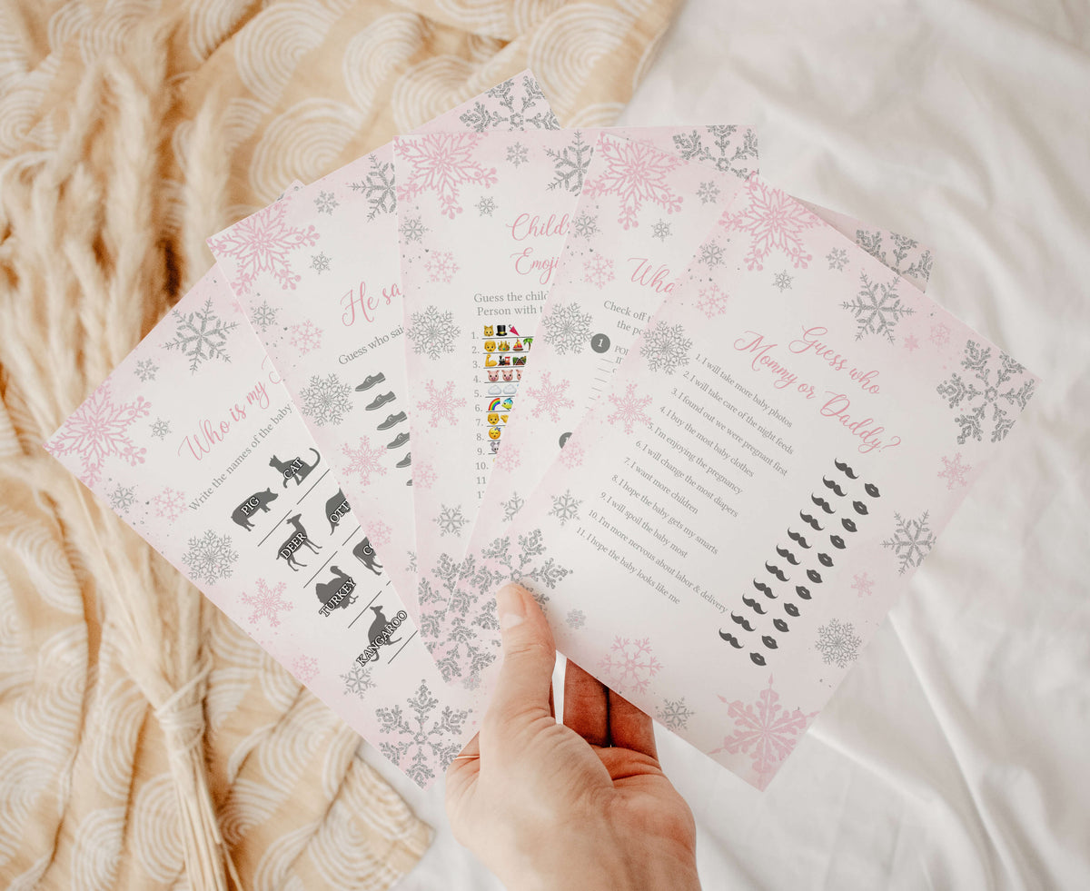 Editable Pink Snowflake Baby Shower Games Bundle – Cuddle Palette