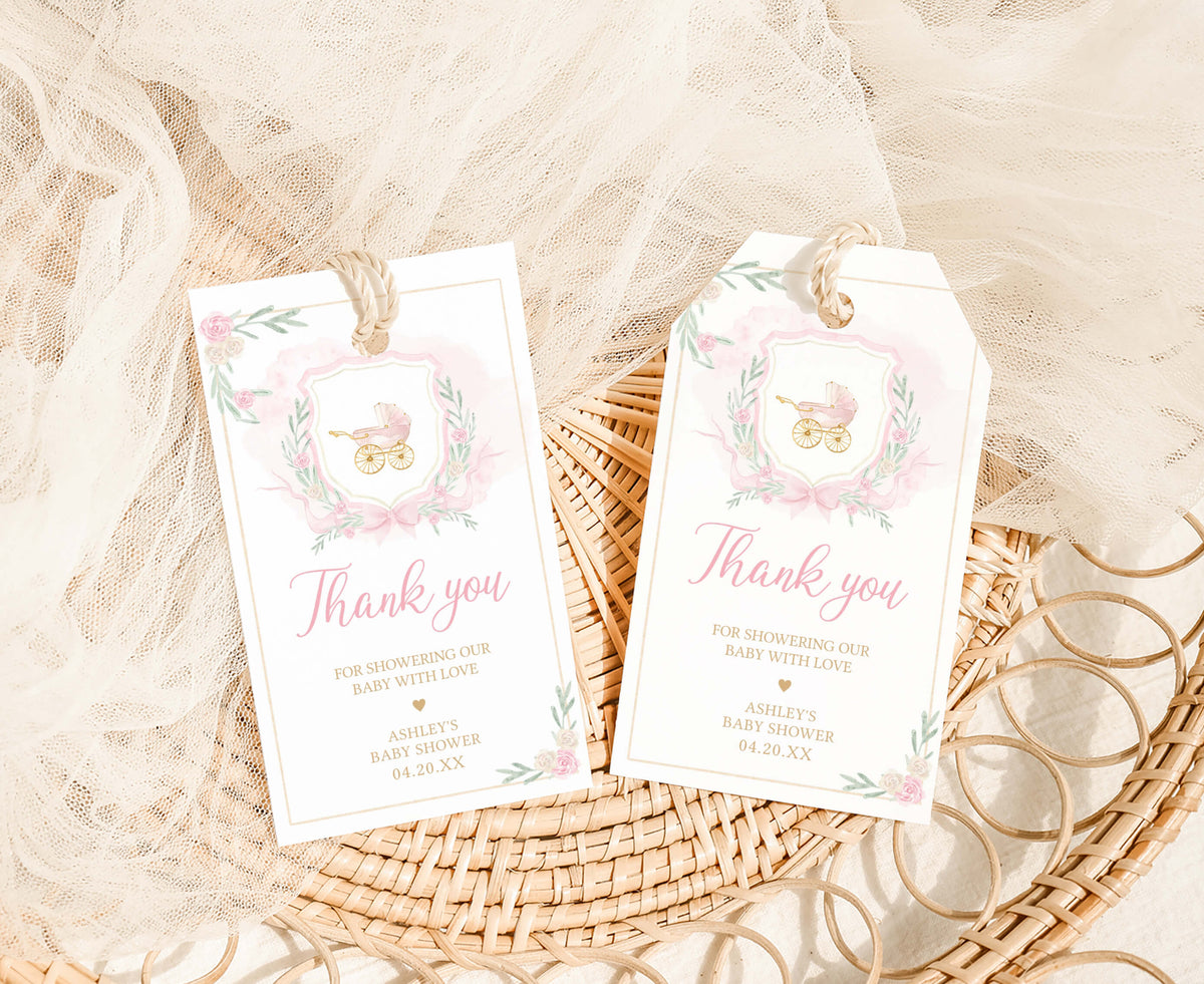 Editable Watercolor Crest Baby Shower Favor Tag – Cuddle Palette