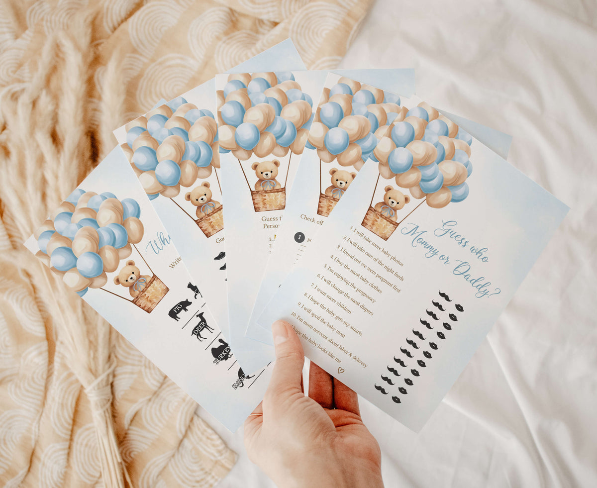 Boy Bear Hot Air Balloon Baby Shower Game Bundle Printable – Cuddle Palette