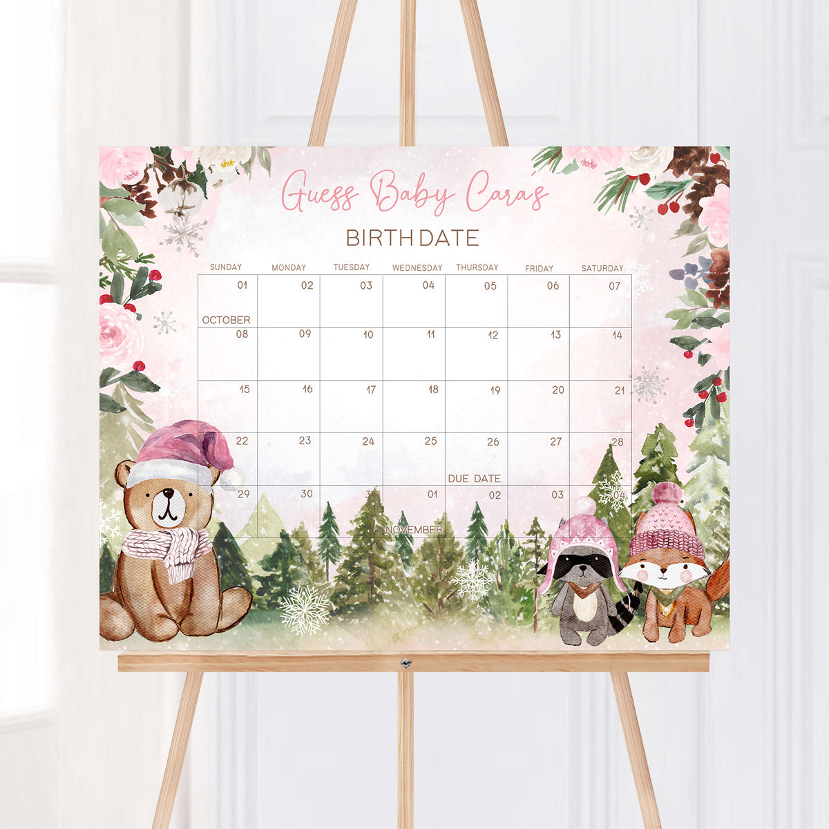 Editable Pink Floral Winter Woodland Baby Shower Due Date Calendar ...