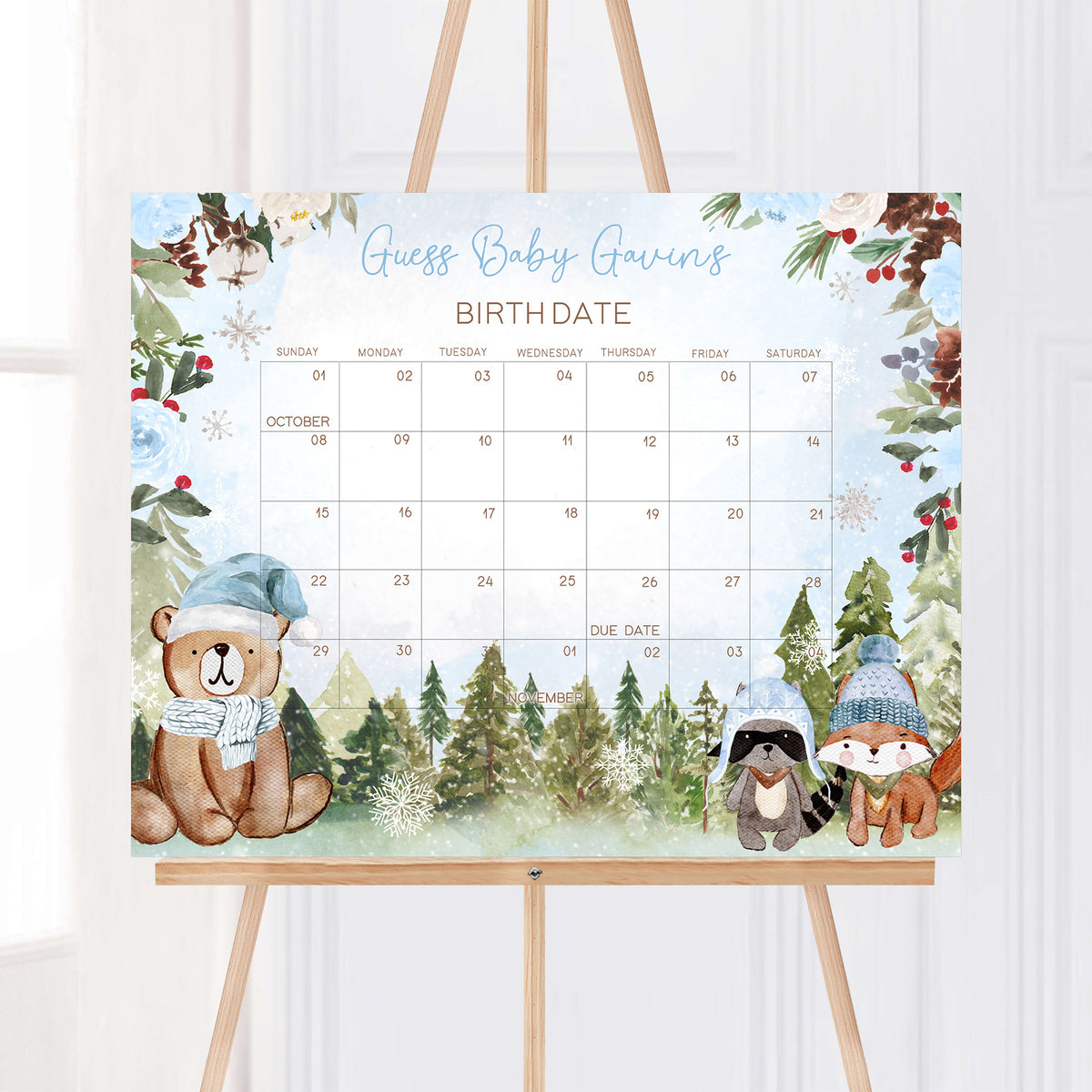 Editable Blue Floral Winter Woodland Baby Shower Due Date Calendar ...
