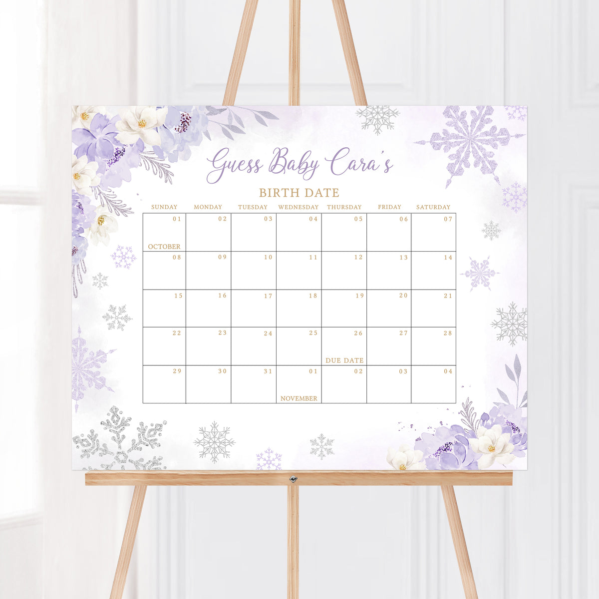 Editable Purple A Little Snowflake Baby Shower Due Date Calendar ...