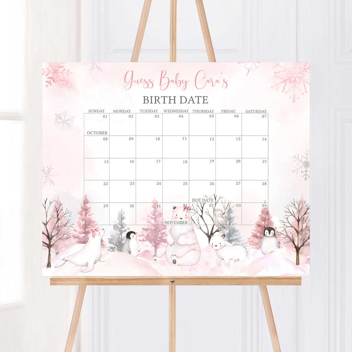 Editable Girl Arctic Animals Baby Shower Due Date Calendar – Cuddle Palette