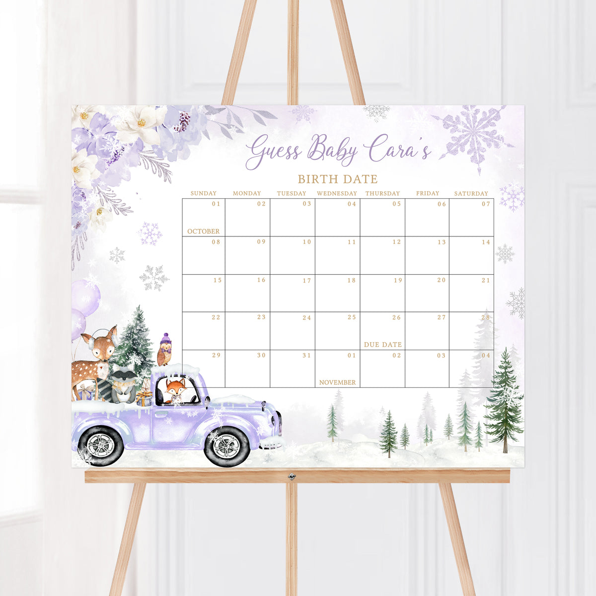 Editable Purple Winter Woodland Baby Shower Due Date Calendar – Cuddle ...