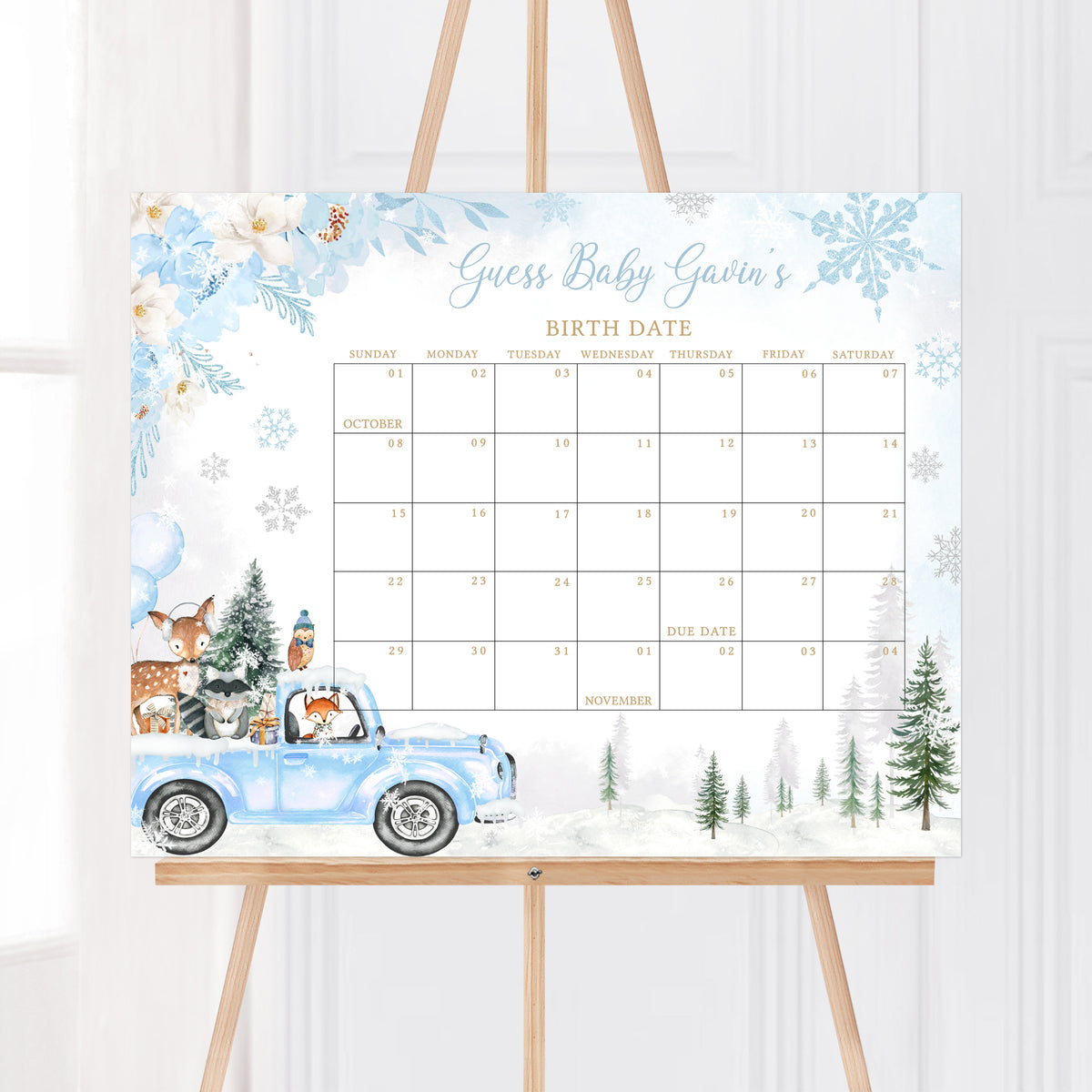 Editable Blue Winter Woodland Baby Shower Due Date Calendar – Cuddle ...