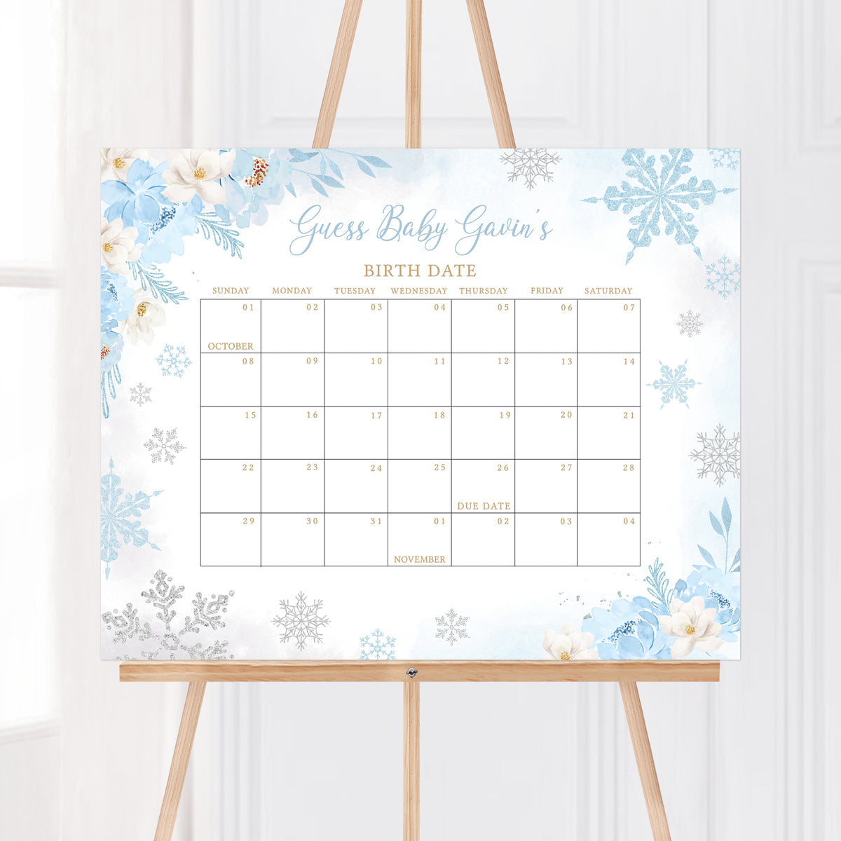 Editable Blue A Little Snowflake Baby Shower Due Date Calendar – Cuddle ...
