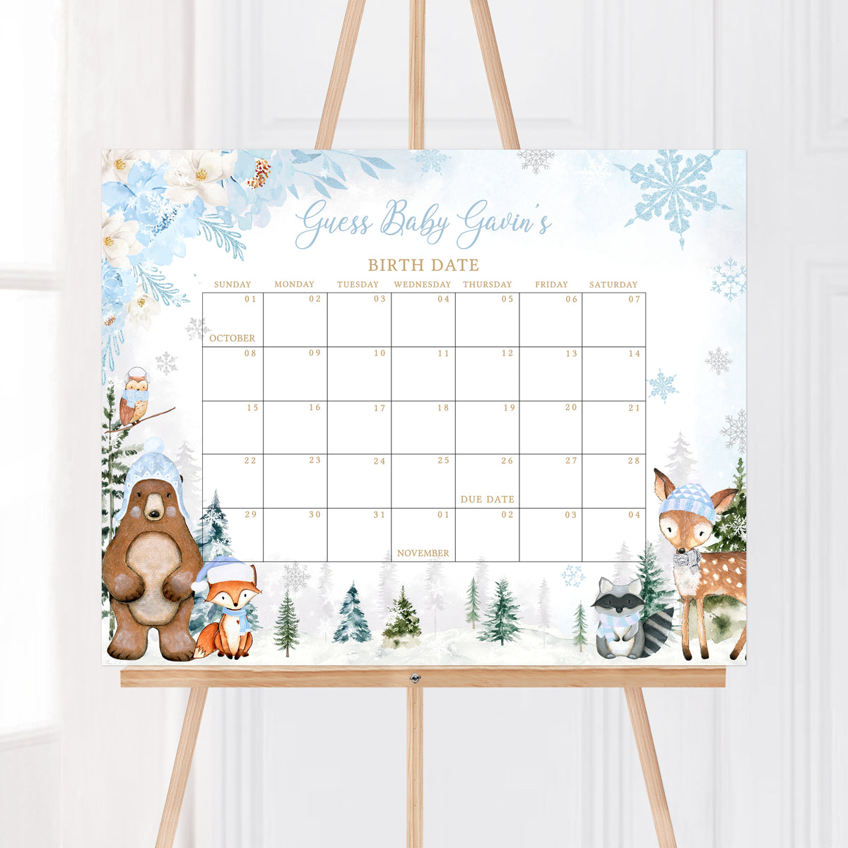 Editable Boy Winter Woodland Baby Shower Due Date Calendar – Cuddle Palette