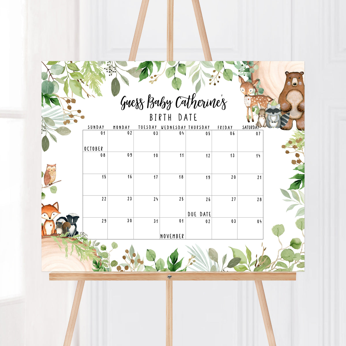 Editable Woodland Baby Shower Due Date Calendar – Cuddle Palette