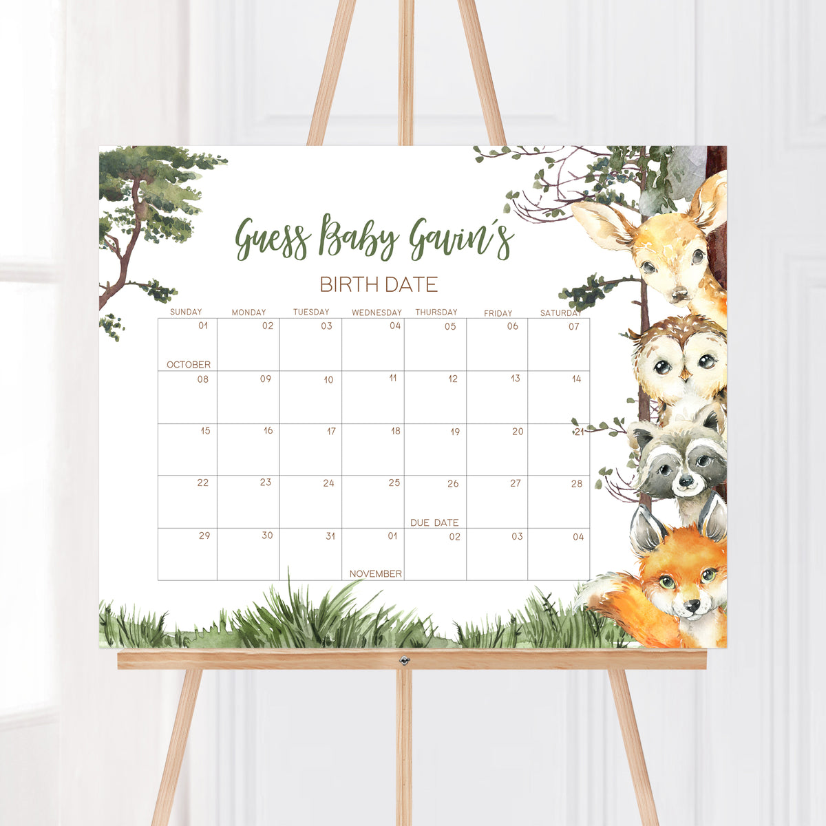 Editable Woodland Baby Shower Due Date Calendar – Cuddle Palette